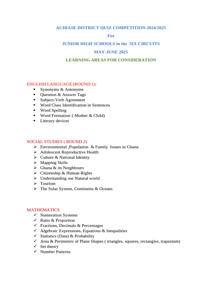 Achiase District Quiz For Jhs | PDF
