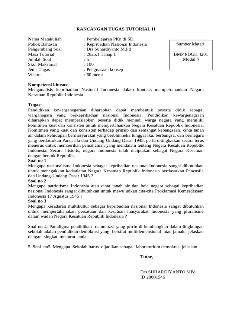 RANCANGAN TUGAS TUTORIAL II PKn SD 20251 | PDF