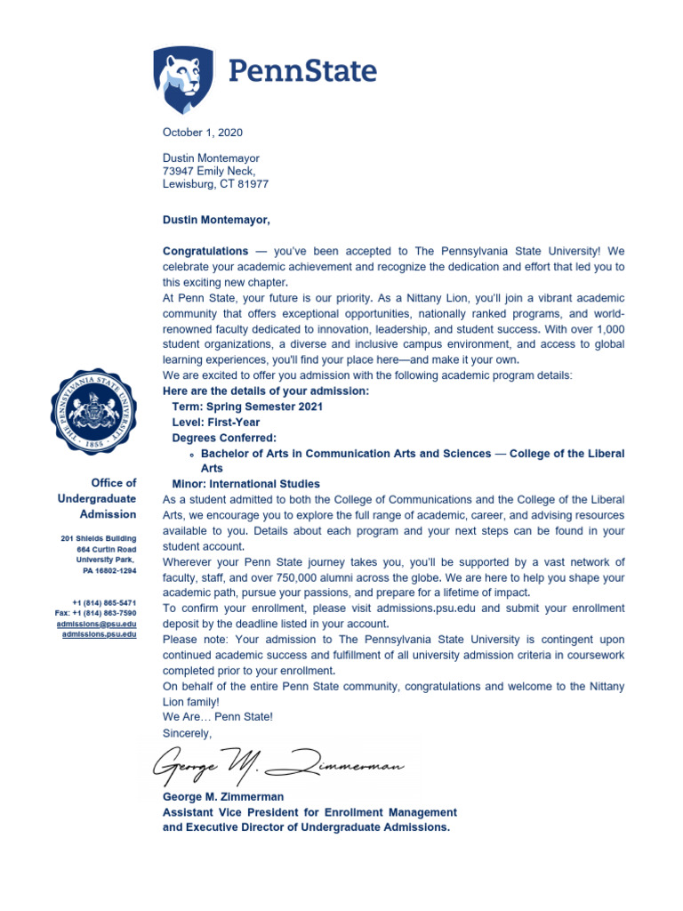 Penn State Admission Confirmation Letter | PDF | Pennsylvania State ...