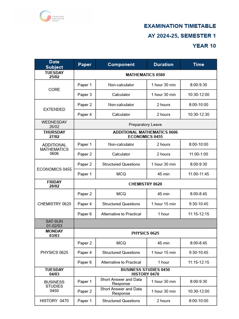 Y10 Sem I Exam Timetable | PDF | Psychology | Mental Health