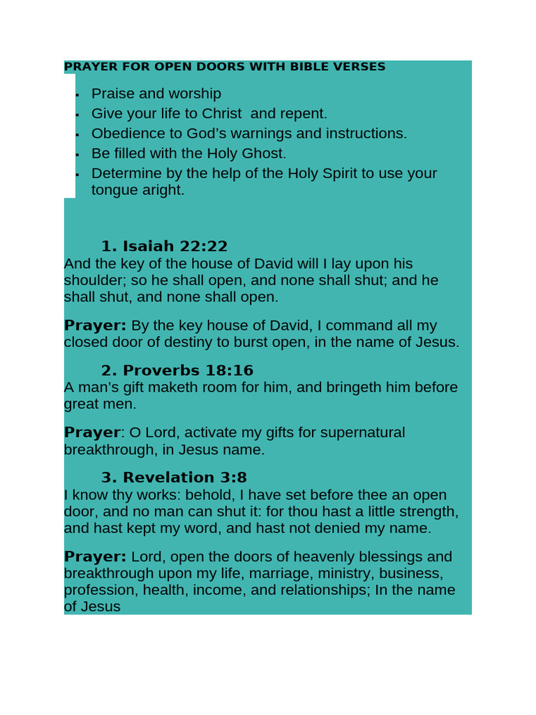 PRAYER FOR OPEN DOORS WITH BIBLE VERSES | PDF | Jesus | Prayer