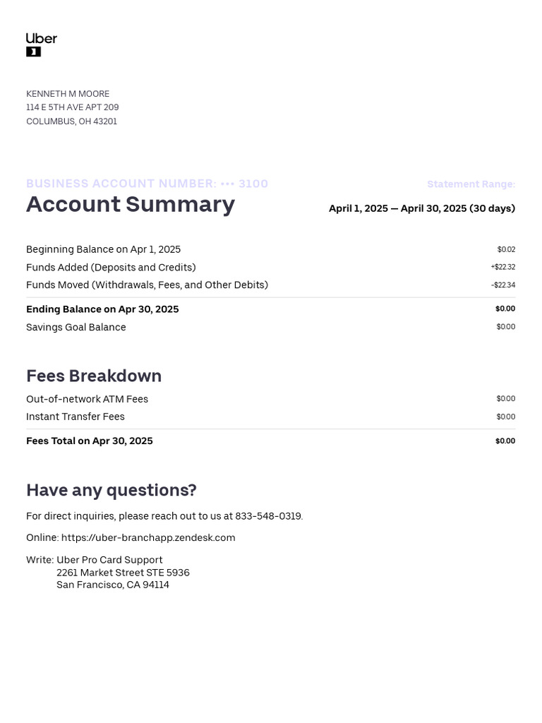 Uber Pro Card Statement - Apr 2025 Kenneth Moore | PDF | Credit Card ...