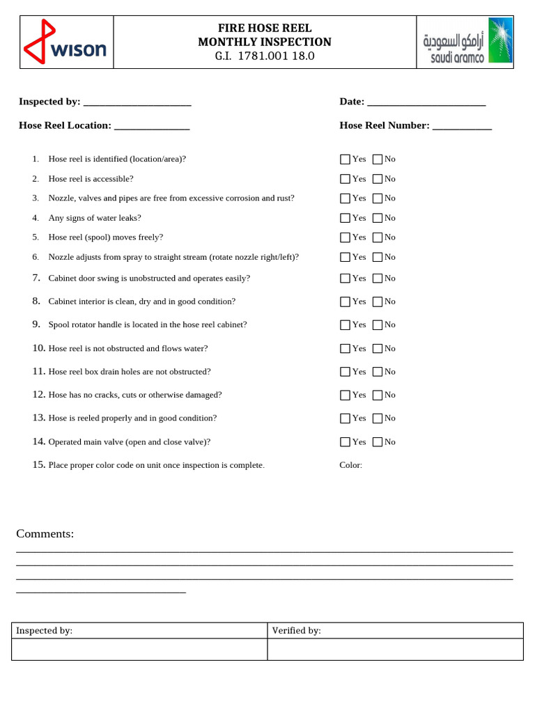 Monthly Fire Hose Reel Inspection Checklist | PDF