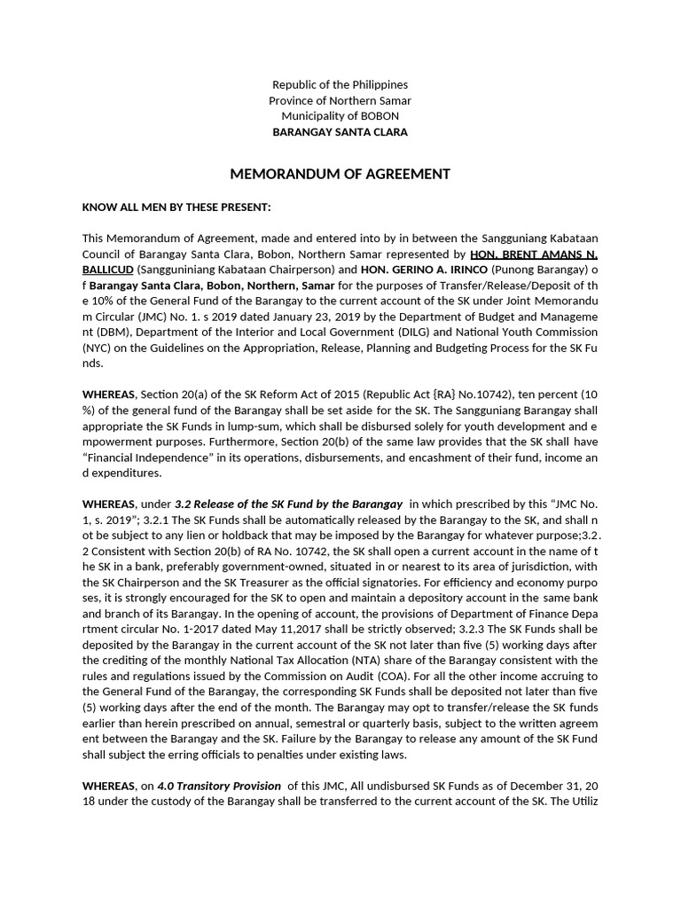 SK Brgy Memorandum of Agreement Transfer of Fund2 | PDF | Government