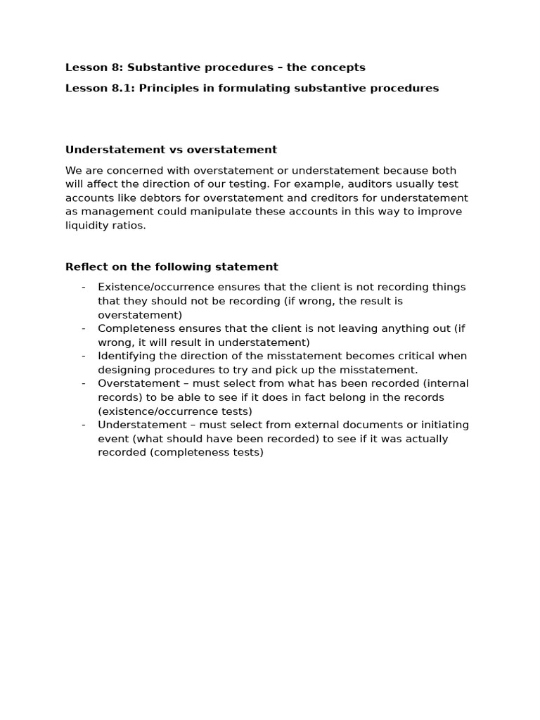 Lesson 8 - Substantive Procedures - The Concepts | PDF | Audit | Business Economics