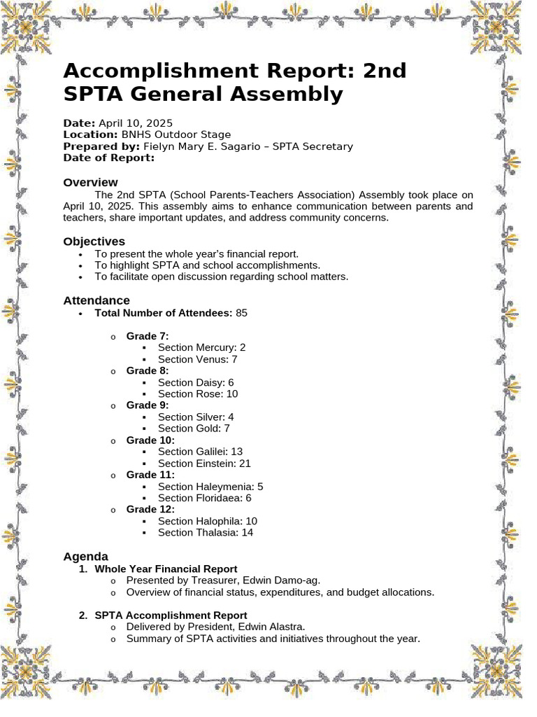 2nd SPTA General Assembly Accomplishment Report | PDF