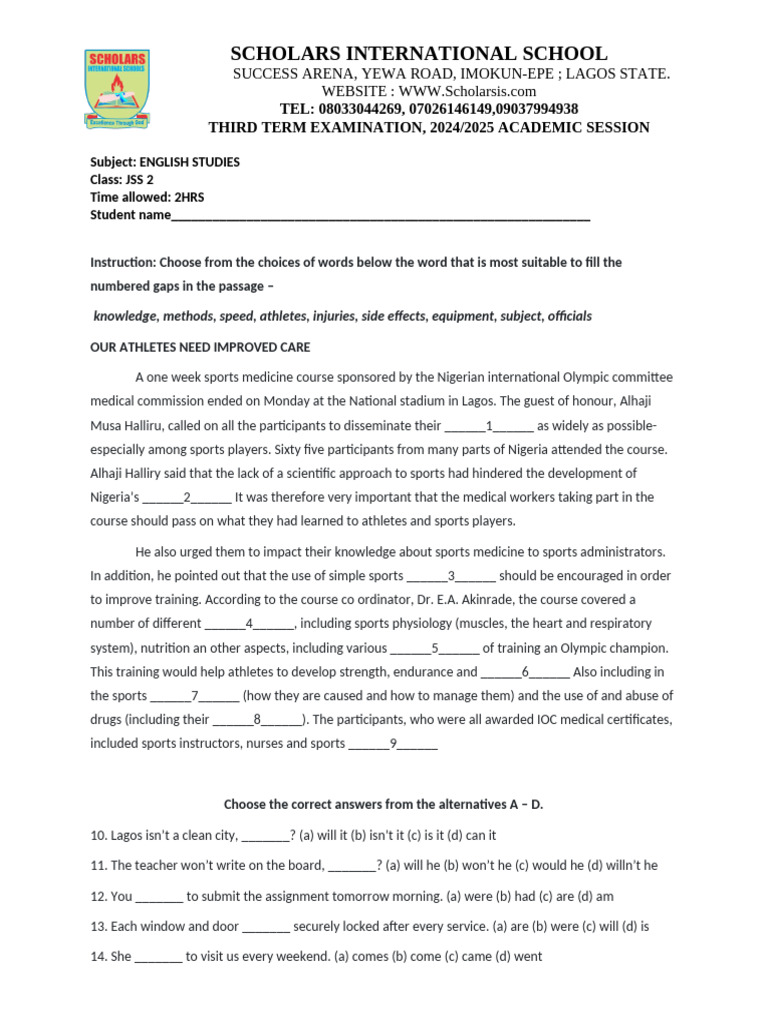 ENGLISH JSS2 3rd Term 2425 | PDF | Sports | Linguistics