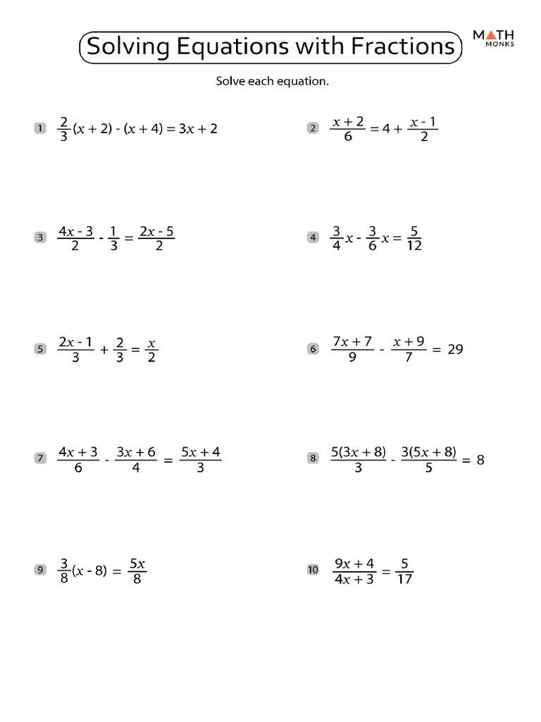 Solving Equations With Fractions Worksheet | PDF