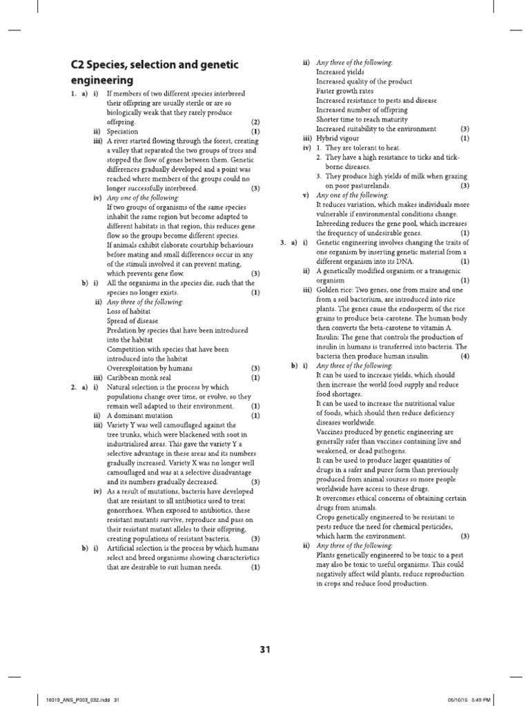 Workbook Answers - Species, Selection and Genetic Engineering | PDF