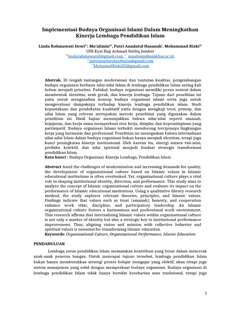 Implementasi Budaya Organisasi Islami Dalam Meningkatkan Kinerja Lembaga Pendidikan Islam | PDF