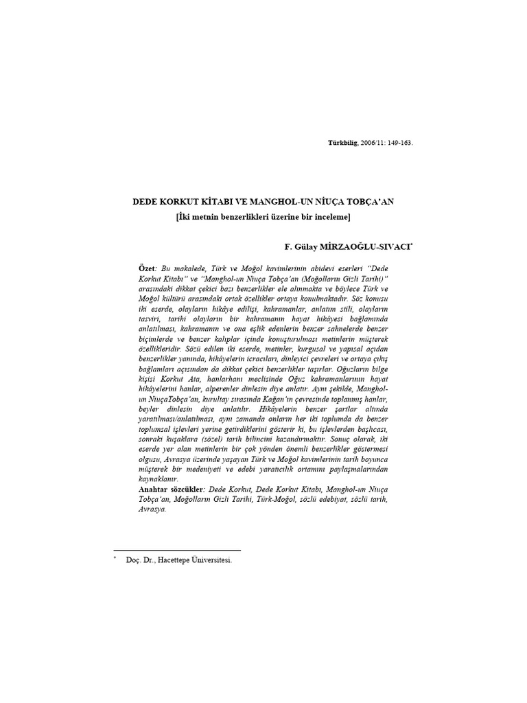 Dede Korkut Kitab - Ve Manghol-Un Niu - A Tob - A - An ( - Ki Metnin Benzerlikleri - Zerine Bir ...