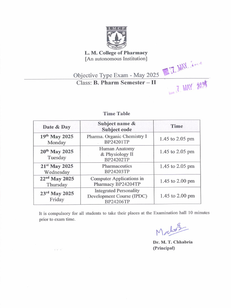 B.Pharm Sem 2 OT-2 Time Table and and Remedial Time Table | PDF ...