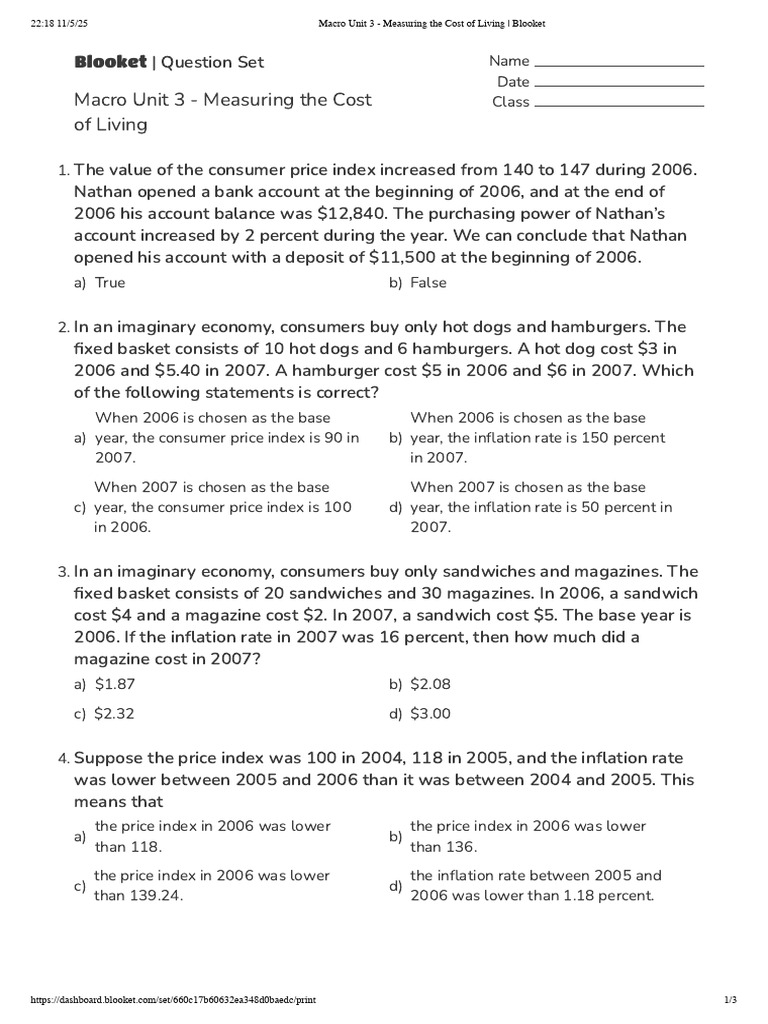 Macro Unit 3 - Measuring The Cost of Living - Blooket | PDF | Cost Of ...