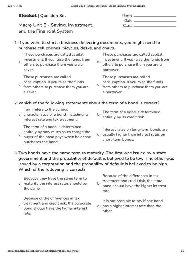 Macro Unit 5 - Saving, Investment, and The Financial System - Blooket | PDF | Interest | Saving