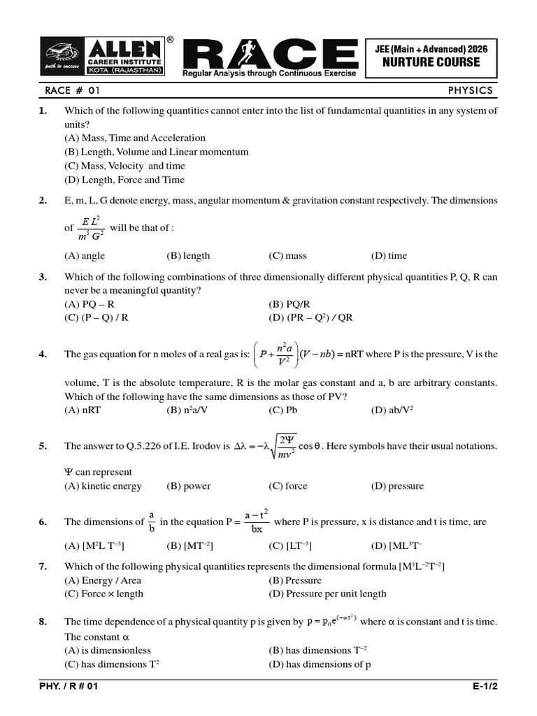 Unit & Dimension, Basic Maths and Vector RACEs | PDF | Euclidean Vector | Force