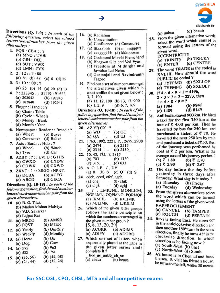 SSC Reasoning Practice Set 3 - GyanSHiLA | PDF