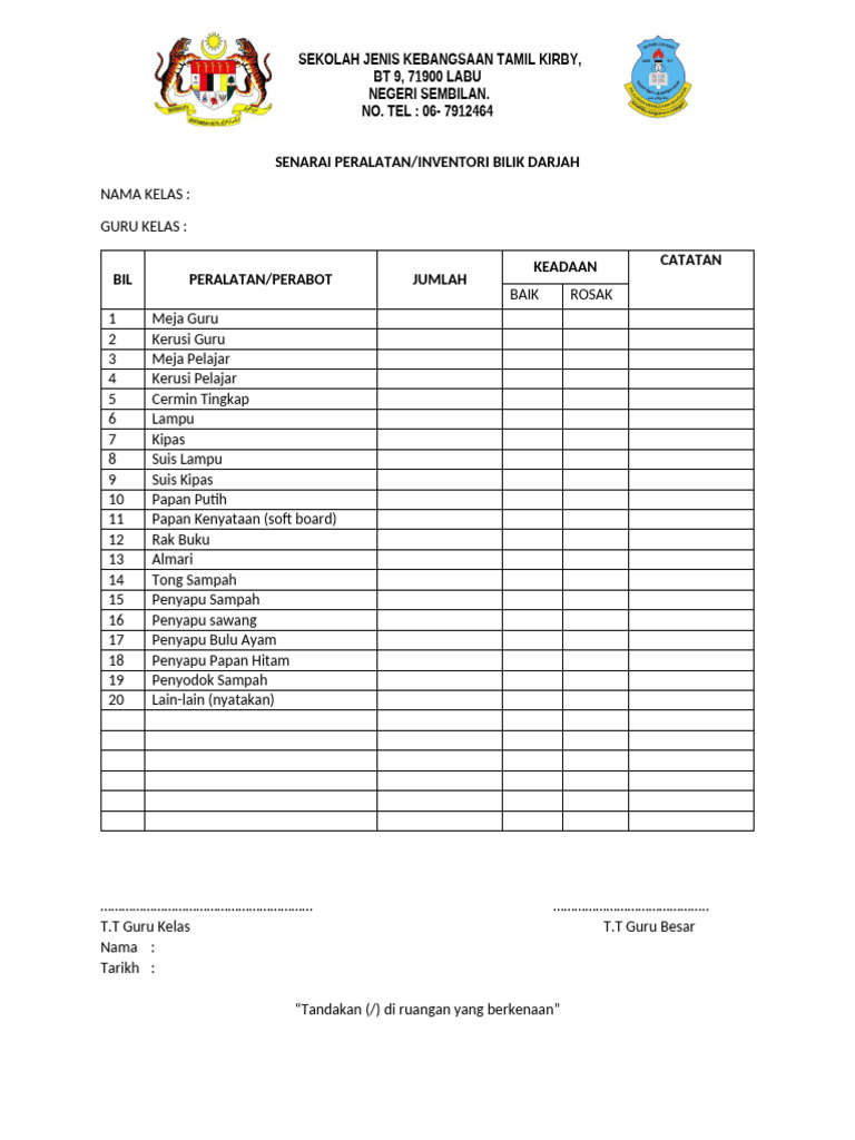 Borang Inventori Bilik Darjah | PDF