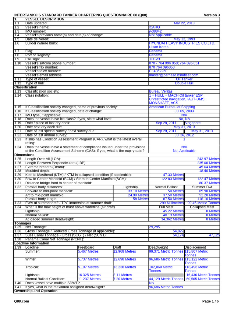 INTERCARGO Q88 Questionnaire for ICARO | PDF | Oil Tanker | Ships