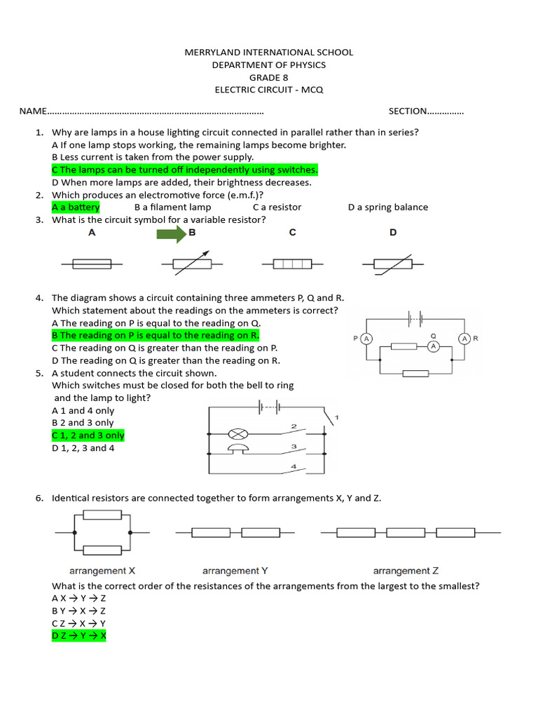 Electric Circuits Mcq Answer Key | PDF | Series And Parallel Circuits | Voltage