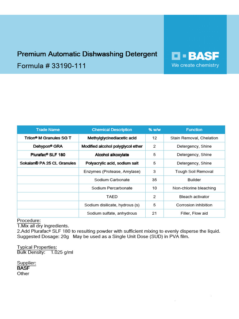 BASF Automatic Dishwashing Detergent | PDF | Detergent | Surfactant