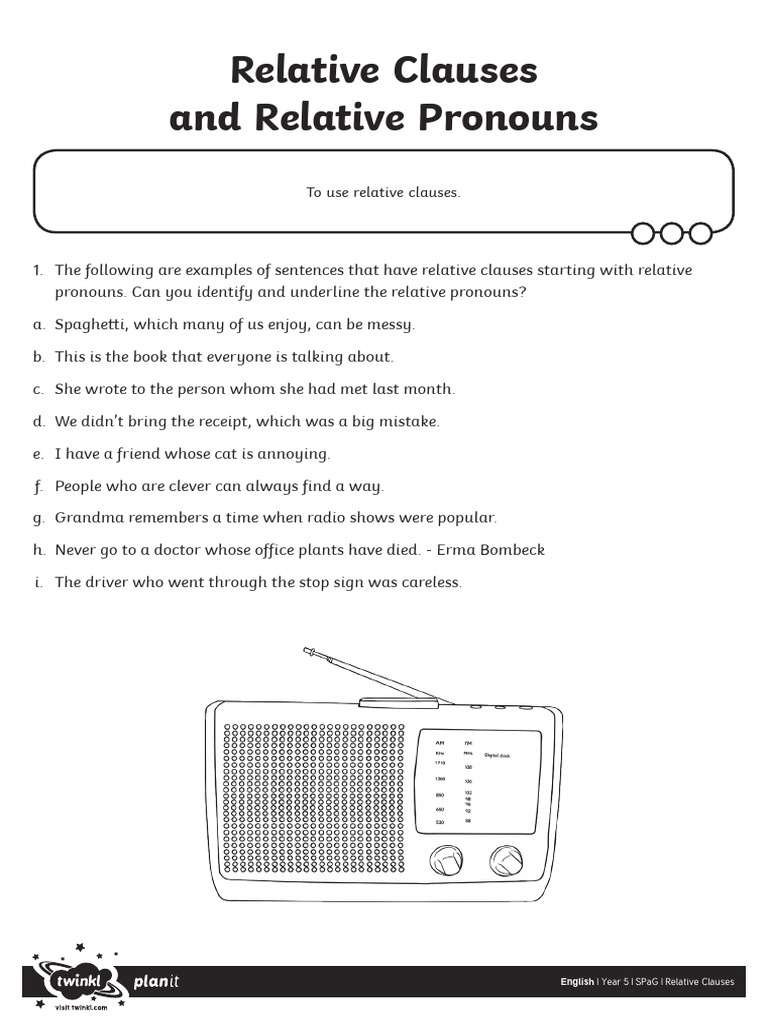 Relative Clauses and Relative Pronouns Activity Sheet | PDF