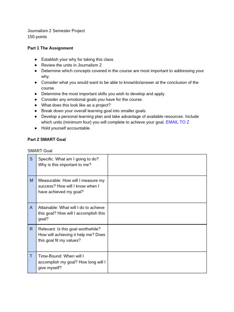 Journalism 2 Semester Project Guide | PDF | Goal | Cognition