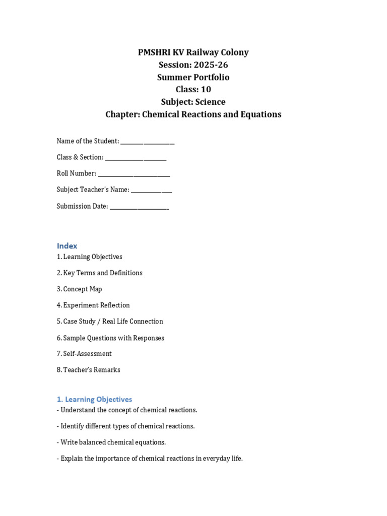 Class 10 Science: Chemical Reactions Portfolio | PDF | Chemical ...