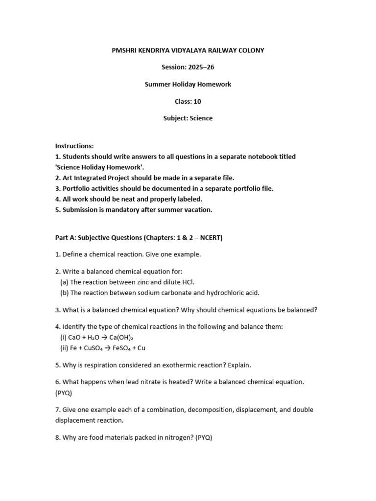 Class 10 Science Holiday Homework 2025-26 | PDF | Foods | Chemical ...