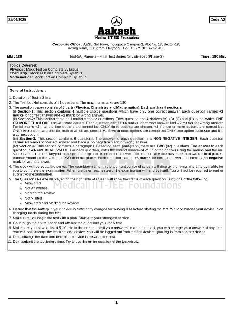 FTS 2025 - PH 3 - T5A Paper 2 - (Code A2) - (22 04 2025) | PDF | Drop ...