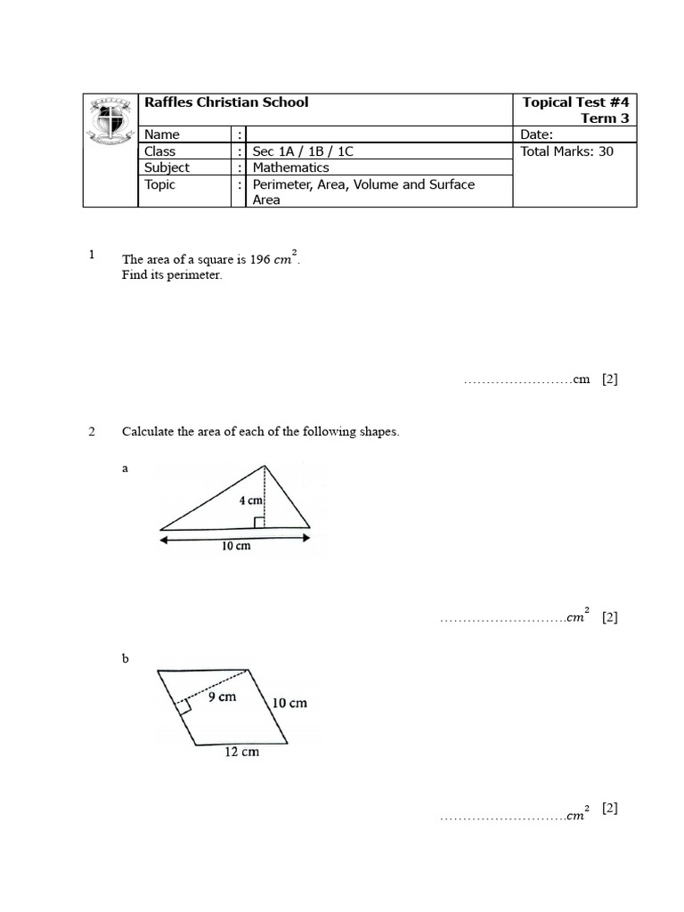 Mathematics Test: Area, Volume, Perimeter | PDF | Area | Geometric ...