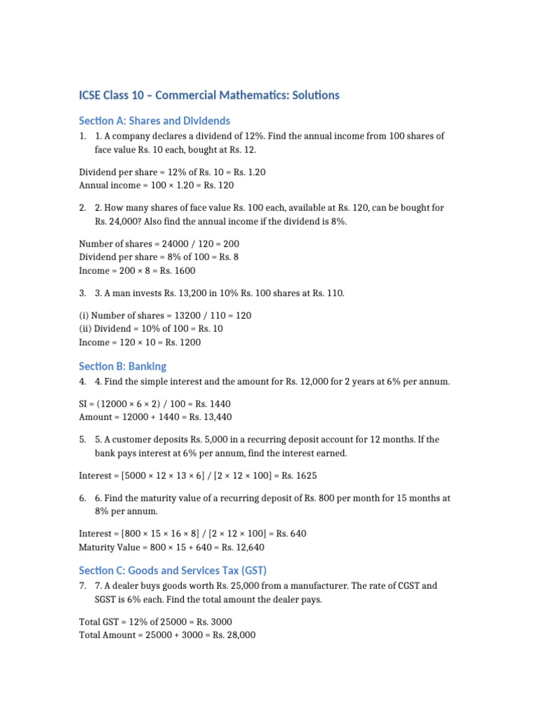 ICSE Class10 CommercialMaths Solutions | PDF
