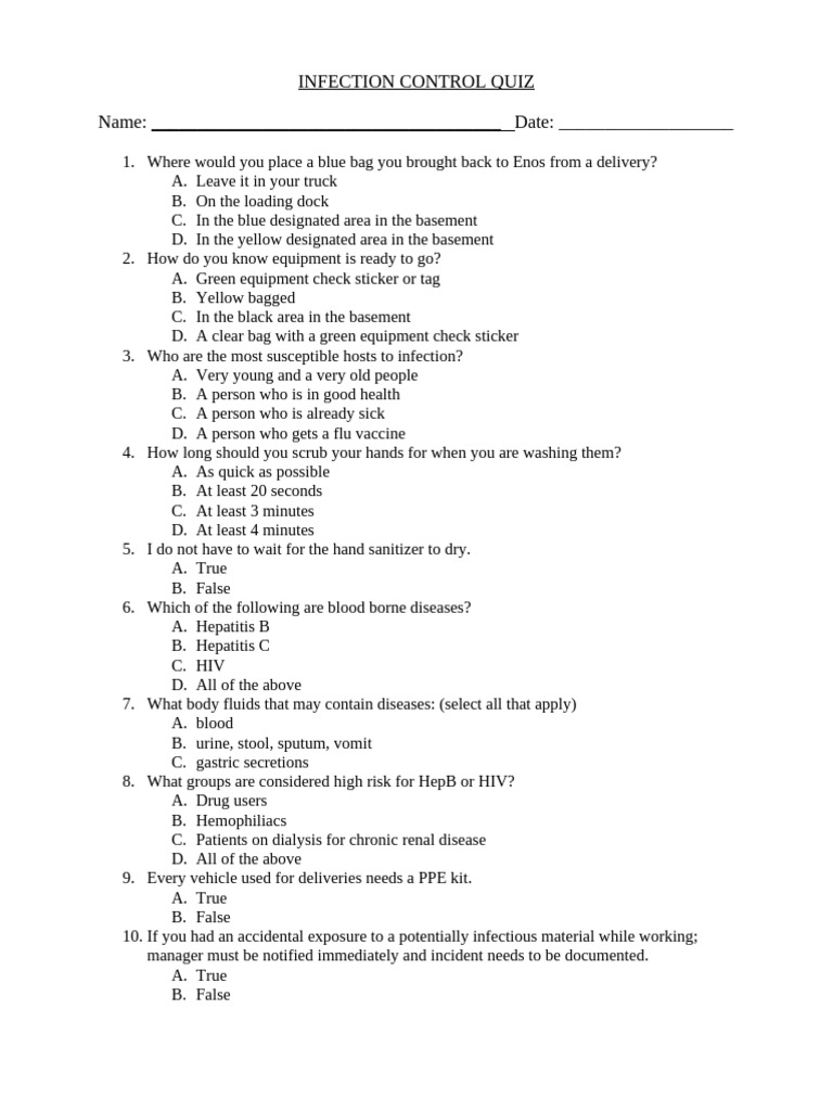 Infection Control Quiz Enos | PDF