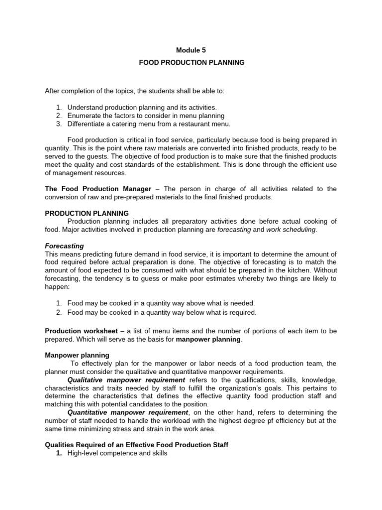 Module 5 Food Production Planning | PDF | Menu | Lunch
