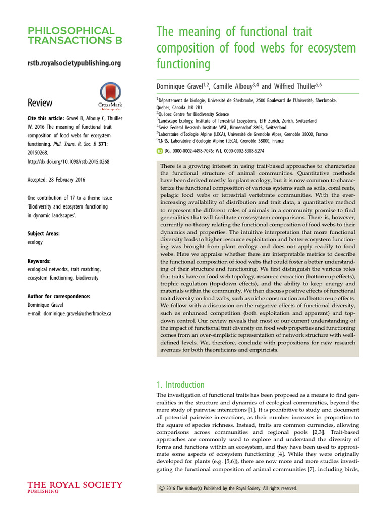 The Meaning of Functional Trait Composition of Food Webs For Ecosystem Functioning | PDF | Food ...