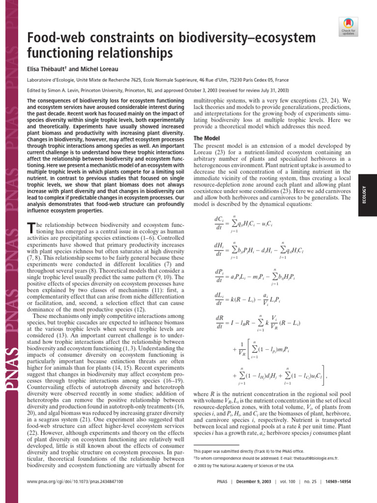 Food Web Constraints On Biodiversity Ecosystem Functioning ...