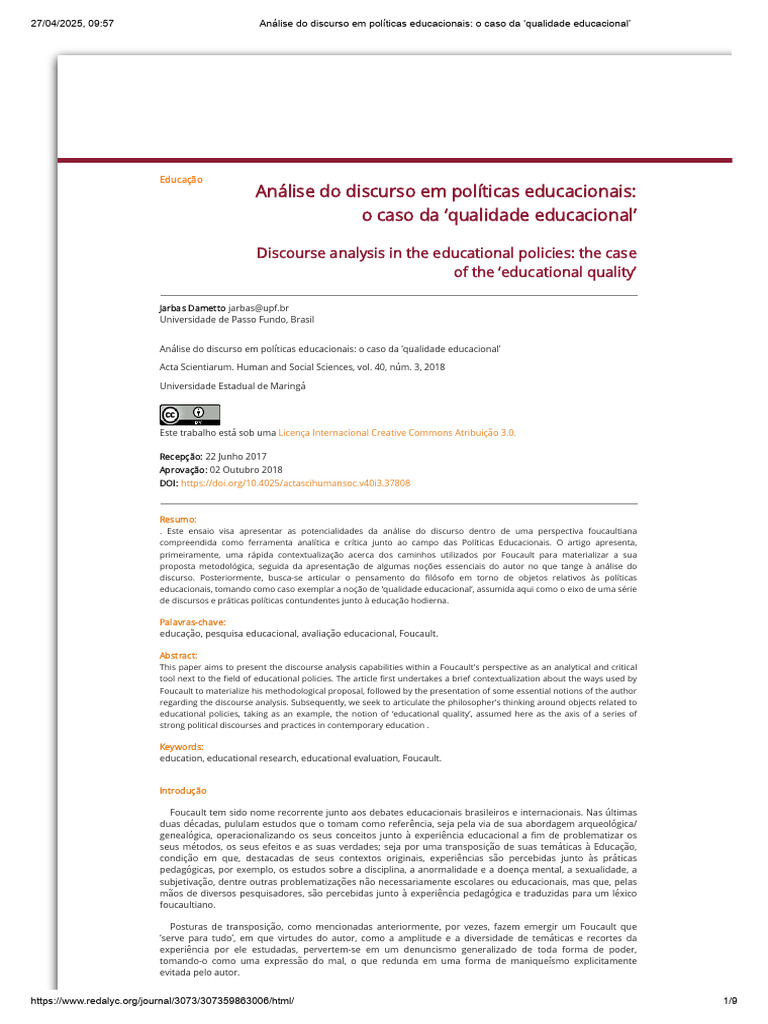 Análise Do Discurso em Políticas Educacionais - o Caso Da Qualidade Educacional' | PDF | Michel ...