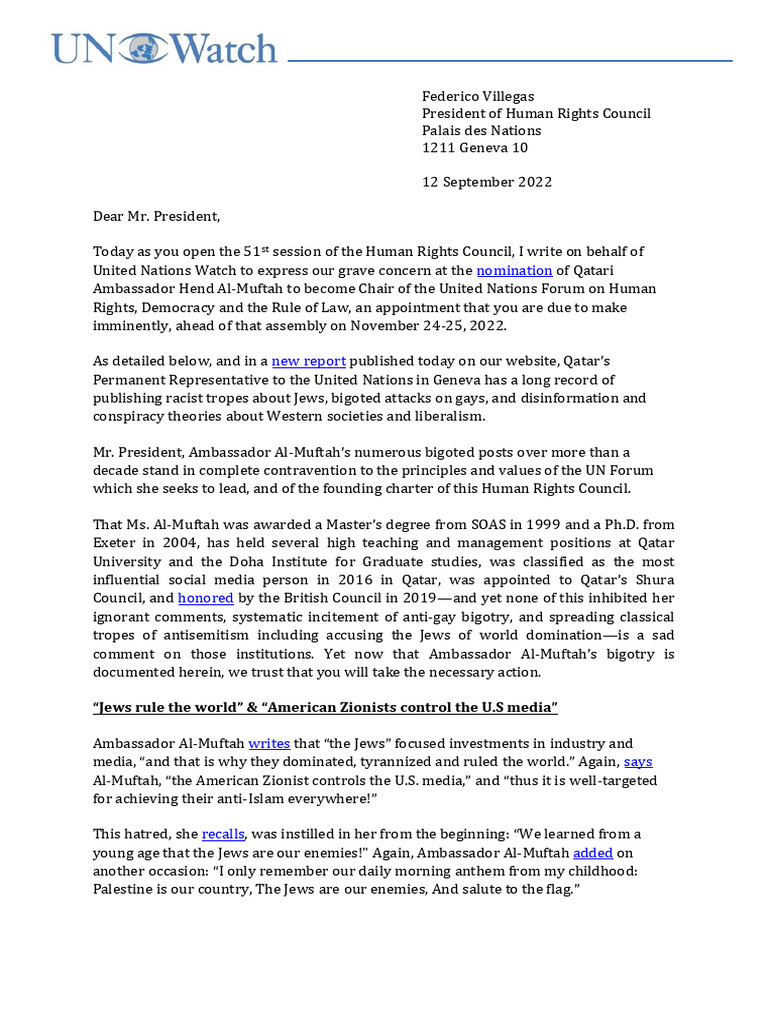 Letter To UNHRC President On Antisemitic Qatar Ambassador 2 | PDF ...