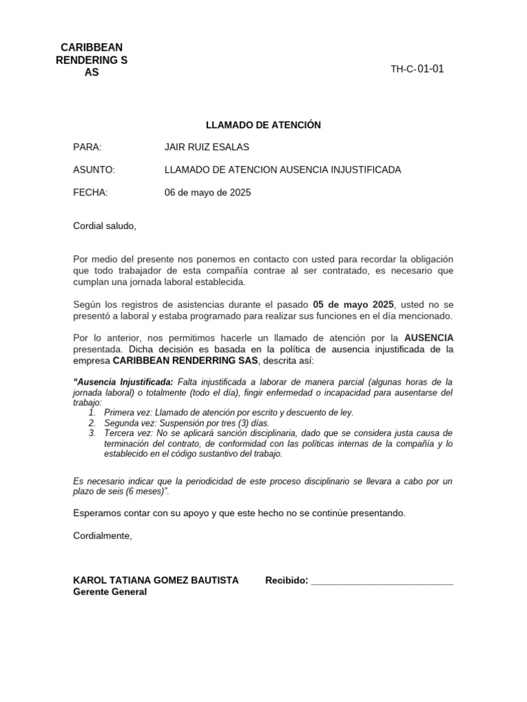 Llamado de Atención por Ausencia Laboral | PDF