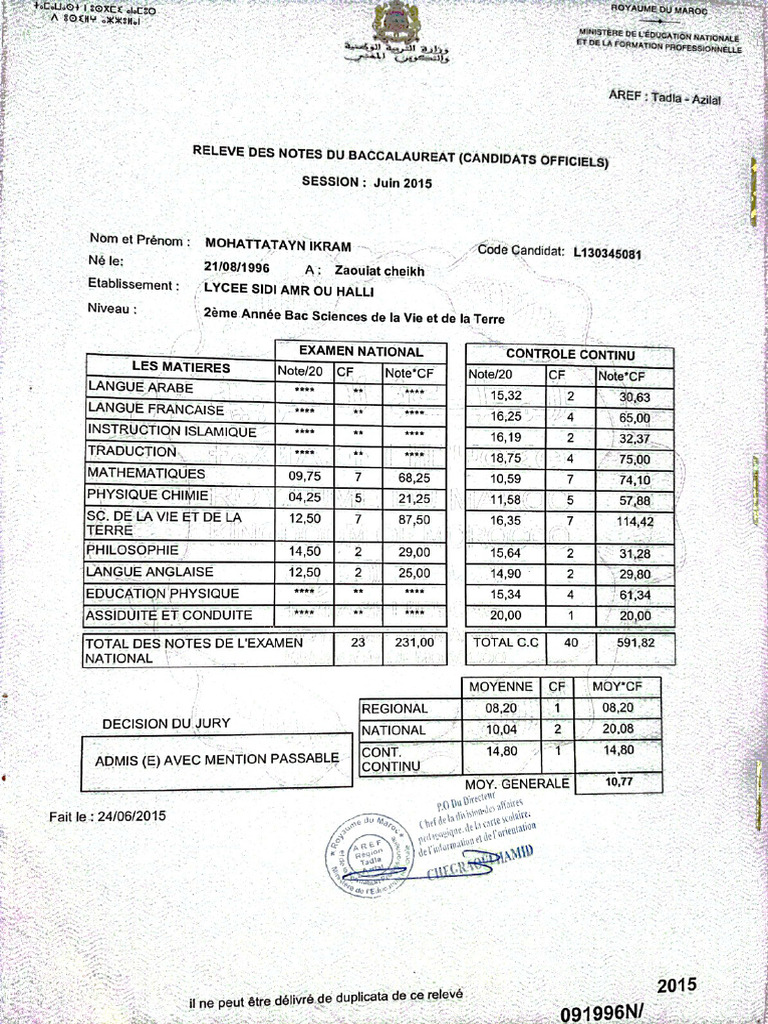 Relevés de Notes Bac | PDF
