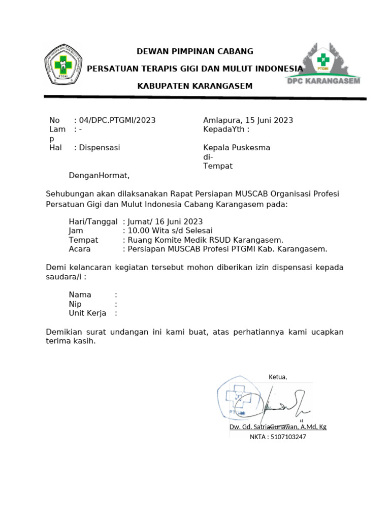 Undangan Rapat MUSCAB PTGMI Karangasem | PDF