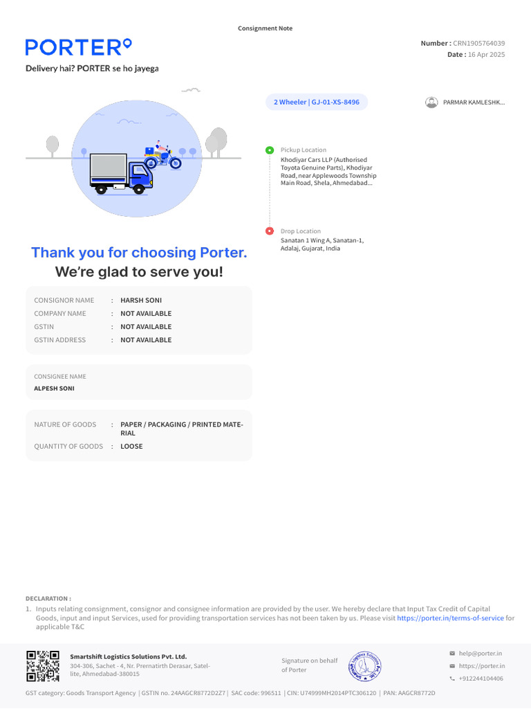 Porter Consignment Note (CRN1905764039) - 1 | PDF