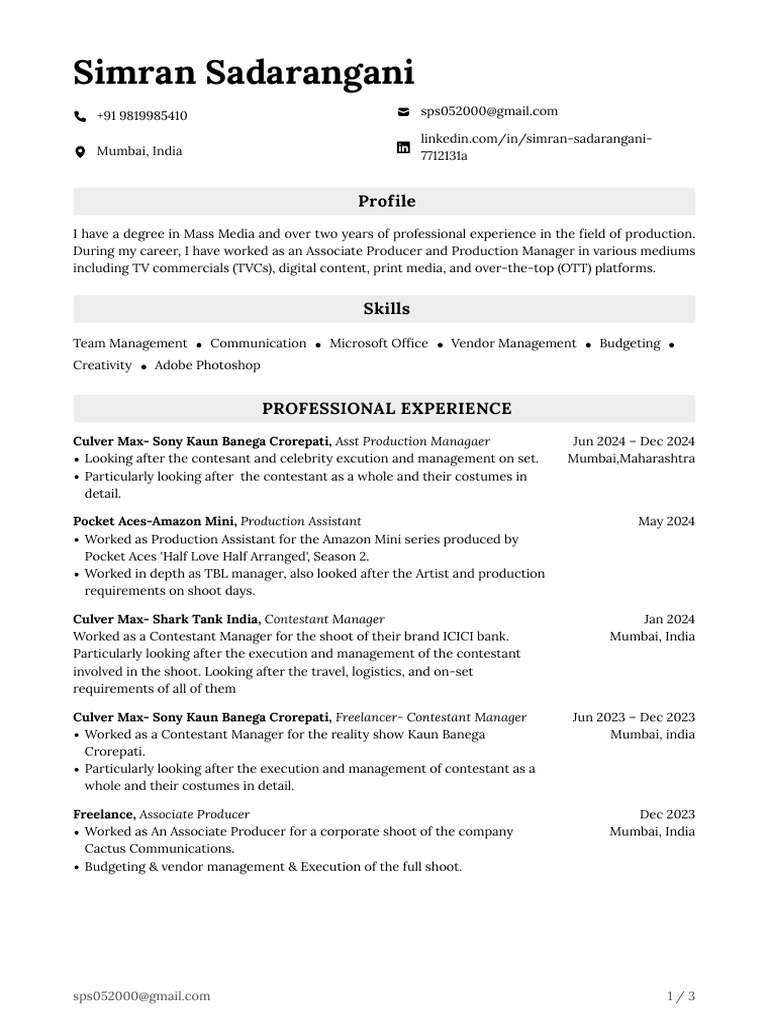 simran Sadarangani -Resume. | PDF
