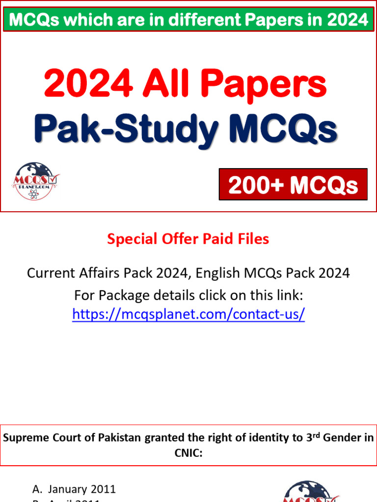 Free 2024 All Papers Pakistan Study MCQs | PDF | Pakistan | Muhammad Ali Jinnah