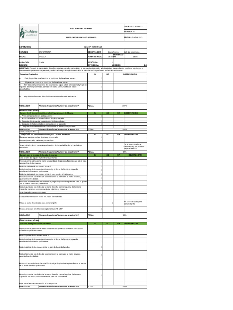 For-Enf-11 Lista Chequeo Lavado de Manos | PDF | Lavado de manos | Mano