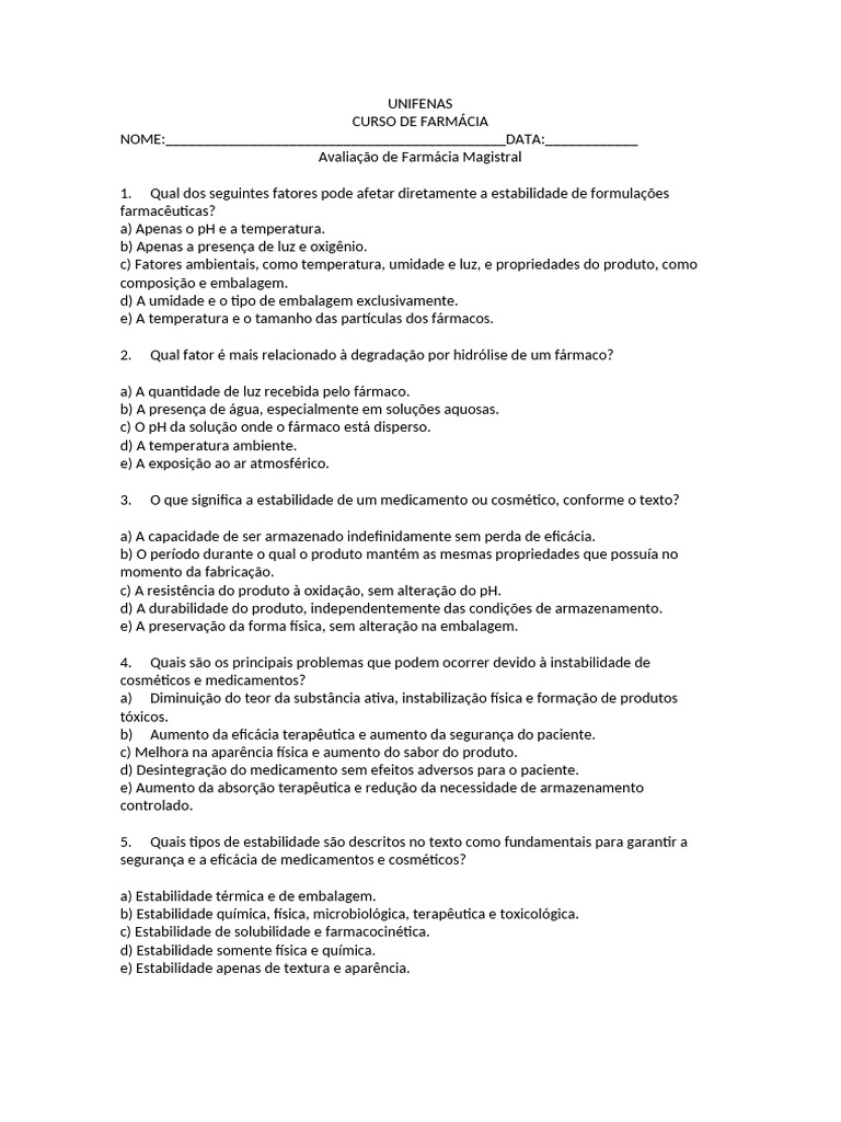 2 Prova Farm Magistra 2024 Sem Gab | PDF | Farmacologia | Umidade