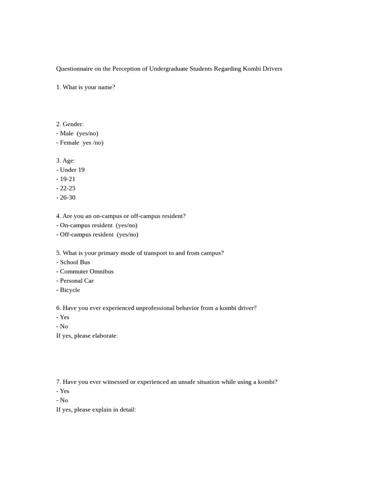 Kombi Drivers Professionalism Questionaire | PDF
