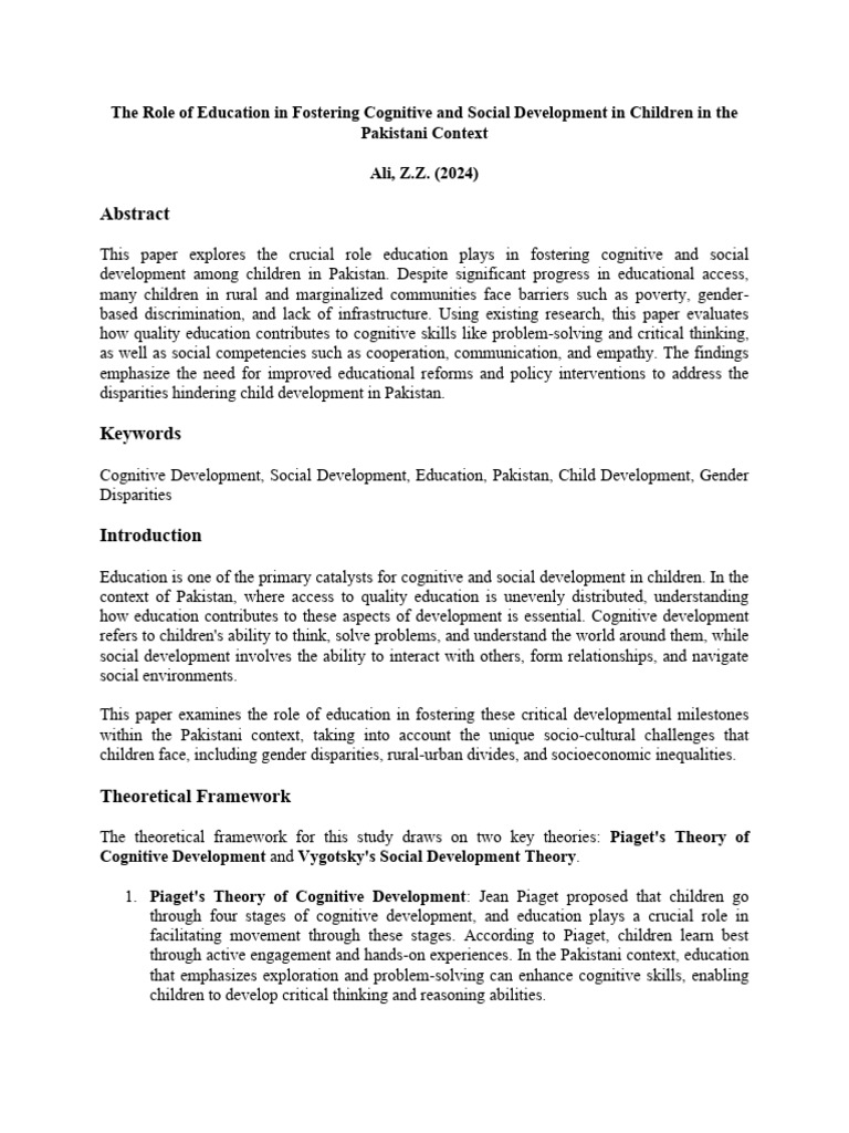 The Role of Education in Fostering Cognitive and Social Development in Children in The Pakistani ...