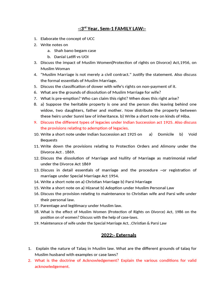 3rd Year - 1st Sem - Family Law | PDF | Marriage | Divorce