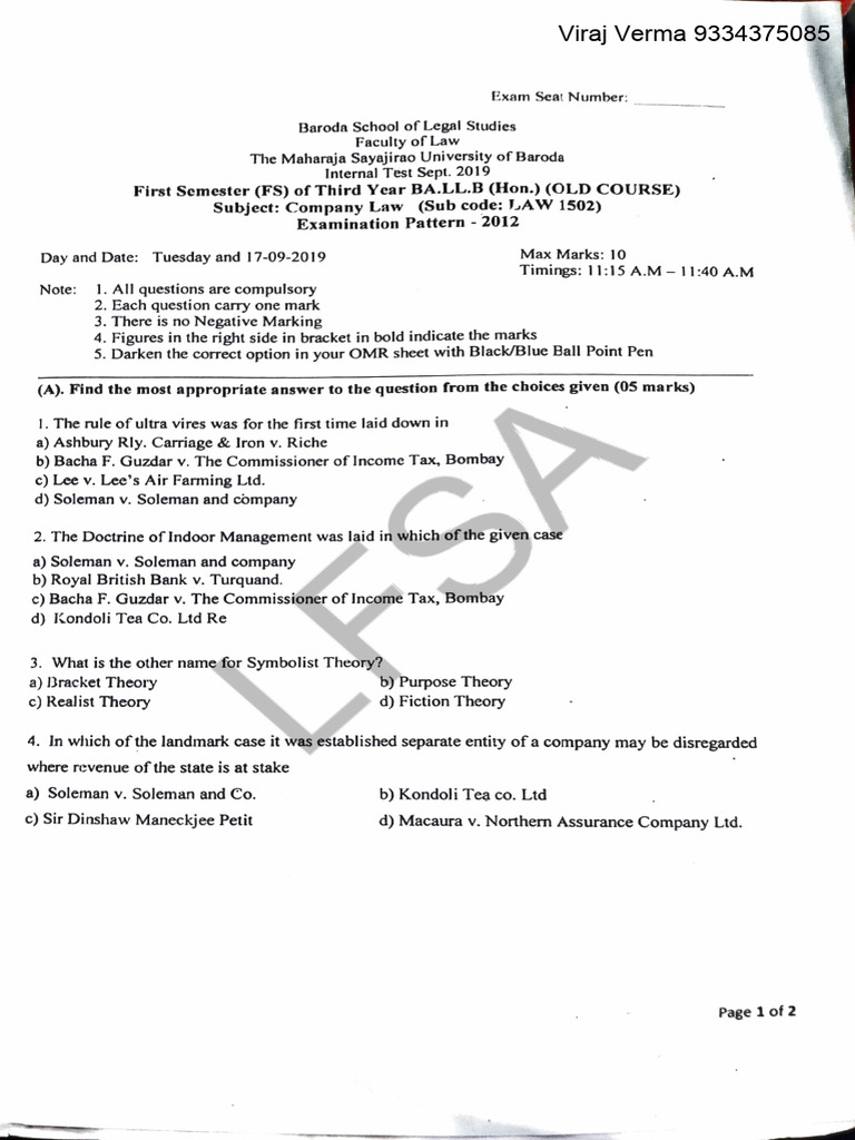 Company Law Internal PYQ 5th Sem | PDF | Common Law | Civil Law (Legal System)