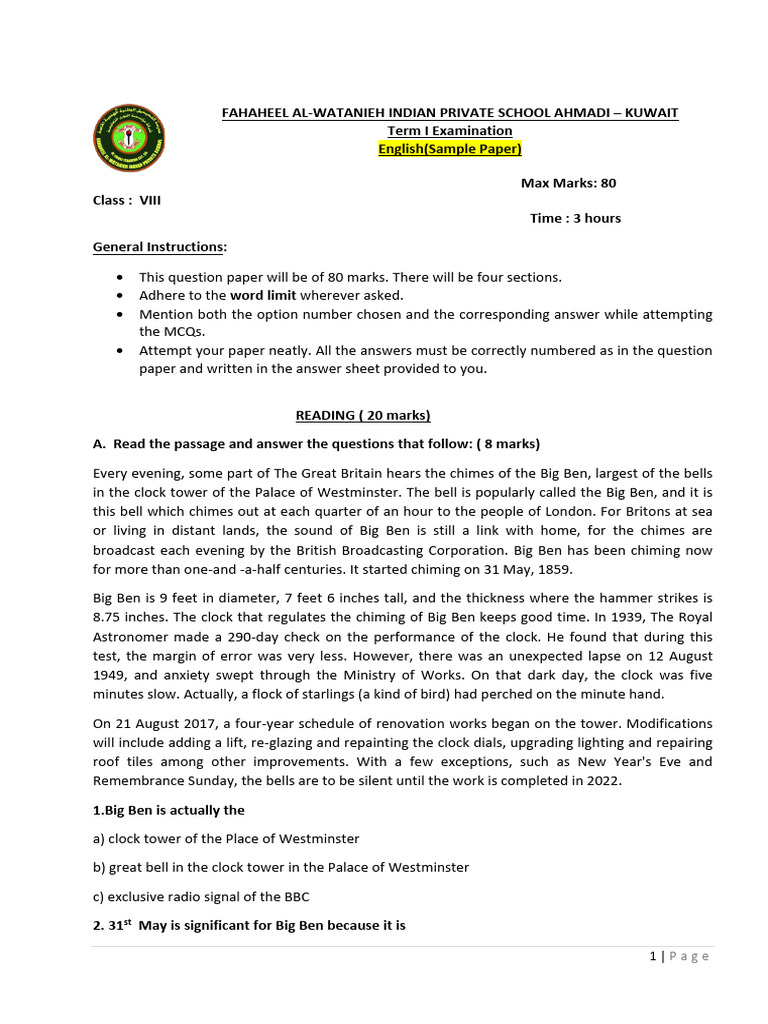 Class 8 Term1 Eng Sample Paper2023 | PDF